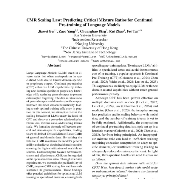 CMR Scaling Law: Predicting Critical Mixture Ratios for Continual Pre-training of Language ...