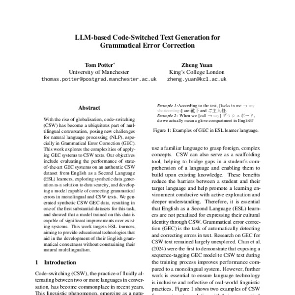 Llm Based Code Switched Text Generation For Grammatical Error Correction Acl Anthology