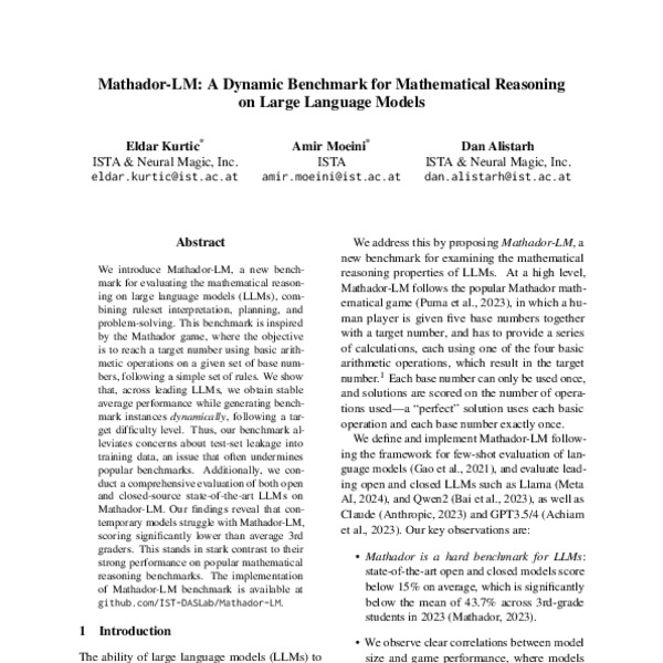 Mathador-LM: A Dynamic Benchmark for Mathematical Reasoning on Large Language Models - ACL Anthology