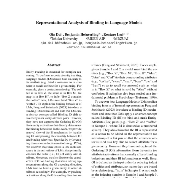 Representational Analysis Of Binding In Language Models Acl Anthology