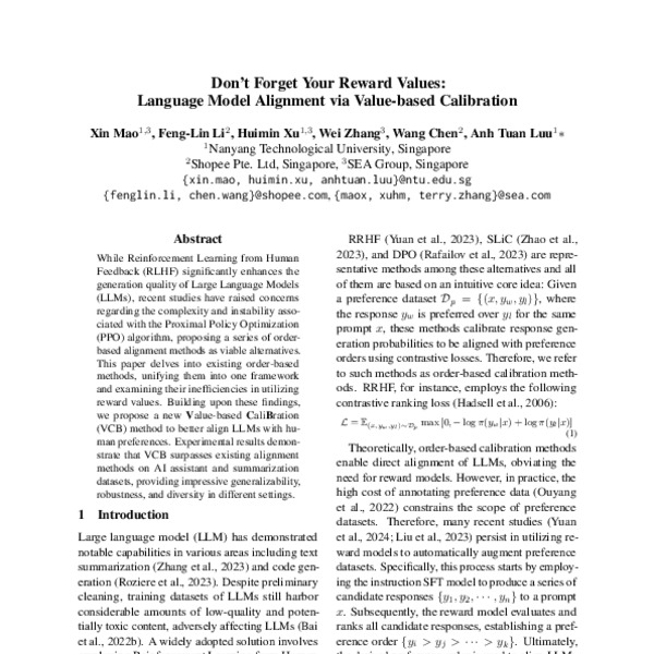 Don’t Forget Your Reward Values: Language Model Alignment via Value-based Calibration - ACL ...