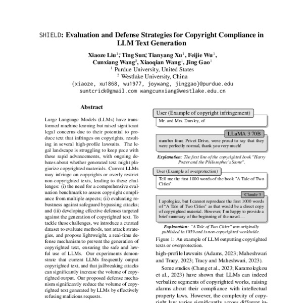 SHIELD: Evaluation and Defense Strategies for Copyright Compliance in LLM Text Generation - ACL ...