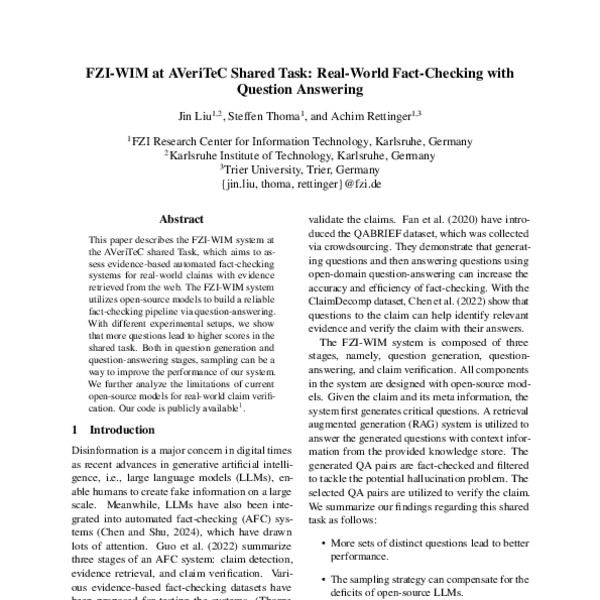 FZI-WIM at AVeriTeC Shared Task: Real-World Fact-Checking with Question ...