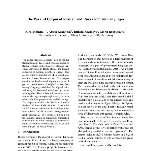 The Parallel Corpus of Russian and Ruska Romani Languages - ACL Anthology