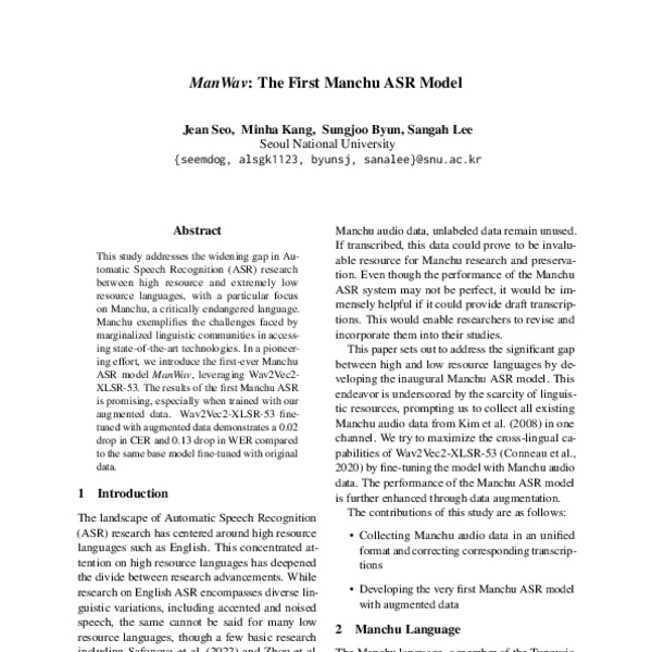 ManWav: The First Manchu ASR Model - ACL Anthology