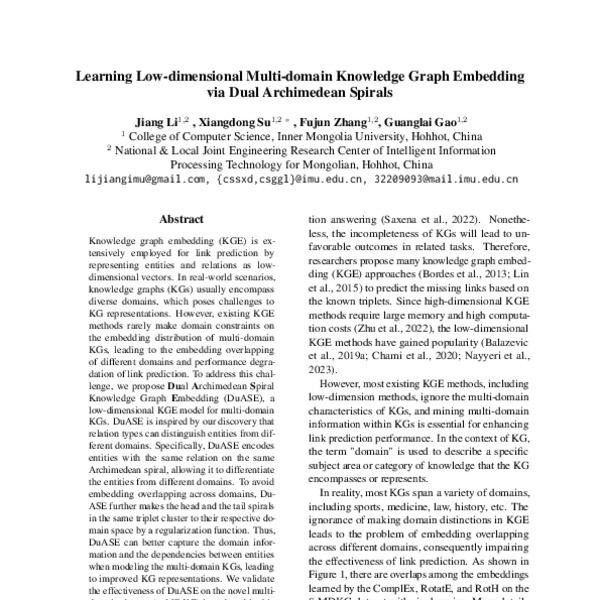 Learning Low-dimensional Multi-domain Knowledge Graph Embedding via Dual Archimedean Spirals ...