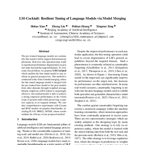 LM-Cocktail: Resilient Tuning of Language Models via Model Merging ...