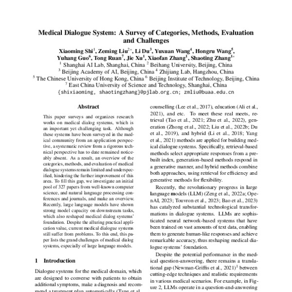 Medical Dialogue System: A Survey of Categories, Methods, Evaluation and Challenges - ACL Anthology