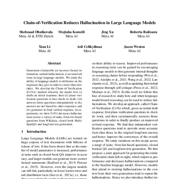 Chain-of-Verification Reduces Hallucination in Large Language Models - ACL Anthology
