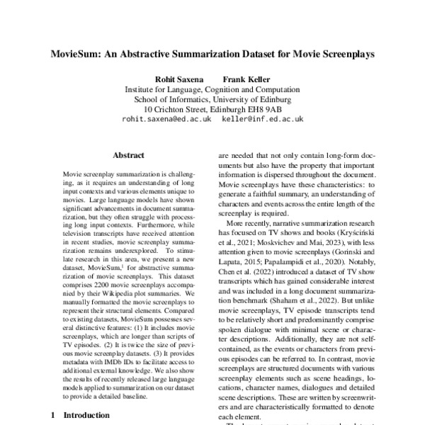 Moviesum An Abstractive Summarization Dataset For Movie Screenplays Acl Anthology