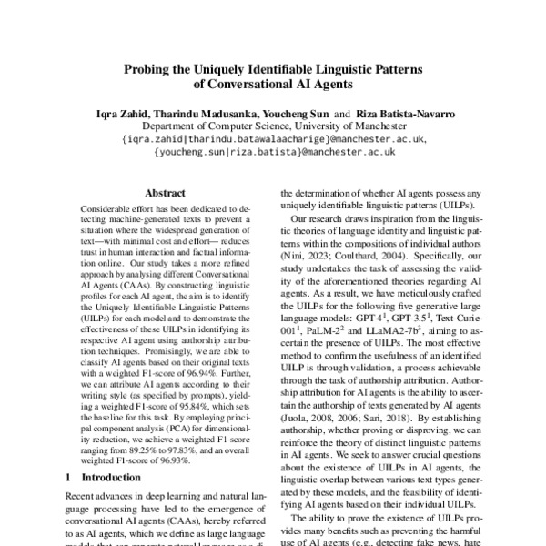 Probing the Uniquely Identifiable Linguistic Patterns of Conversational AI Agents - ACL Anthology