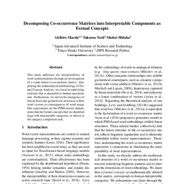Decomposing Co-occurrence Matrices into Interpretable Components as Formal Concepts - ACL Anthology