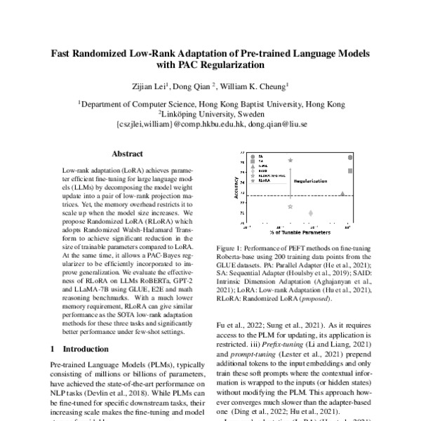 Fast Randomized Low Rank Adaptation Of Pre Trained Language Models With Pac Regularization Acl