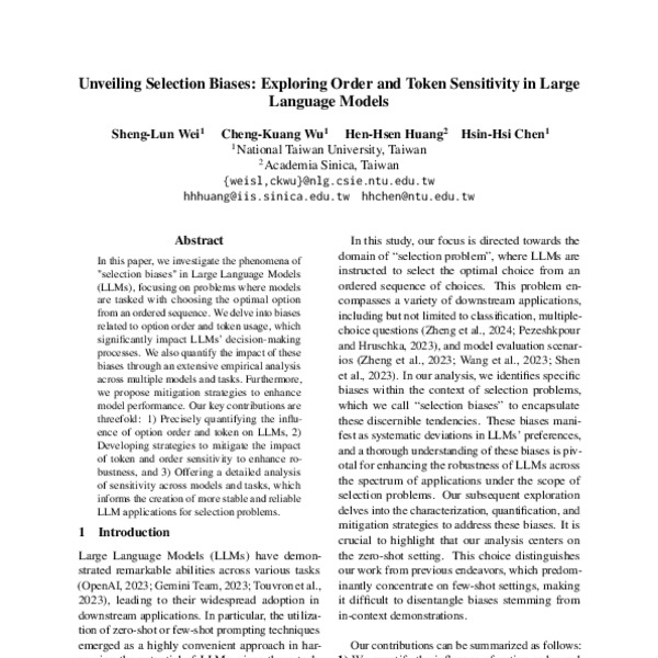 Unveiling Selection Biases Exploring Order And Token Sensitivity In Large Language Models Acl