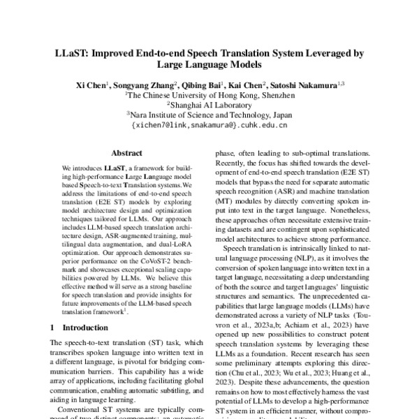 LLaST: Improved End-to-end Speech Translation System Leveraged by Large Language Models - ACL ...