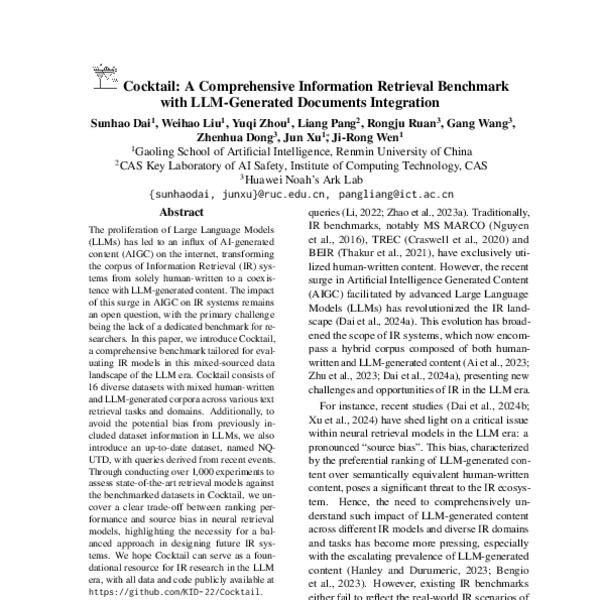 Cocktail: A Comprehensive Information Retrieval Benchmark with LLM-Generated Documents ...
