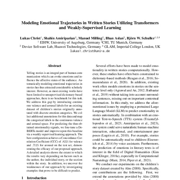 Modeling Emotional Trajectories in Written Stories Utilizing Transformers and Weakly-Supervised ...