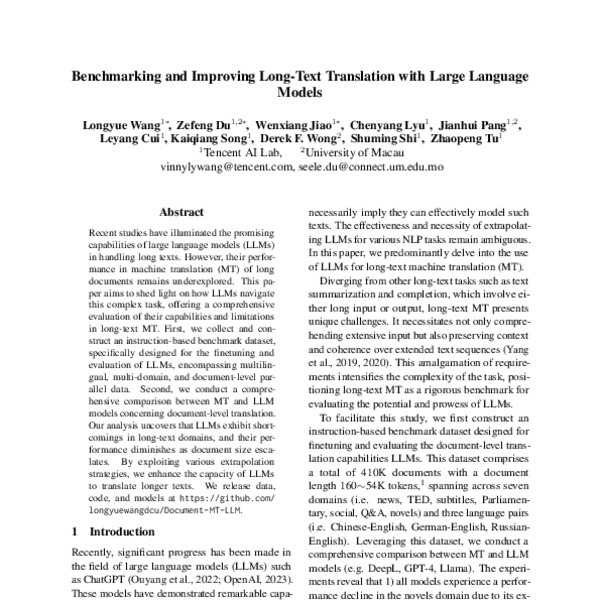 Benchmarking and Improving Long-Text Translation with Large Language Models - ACL Anthology