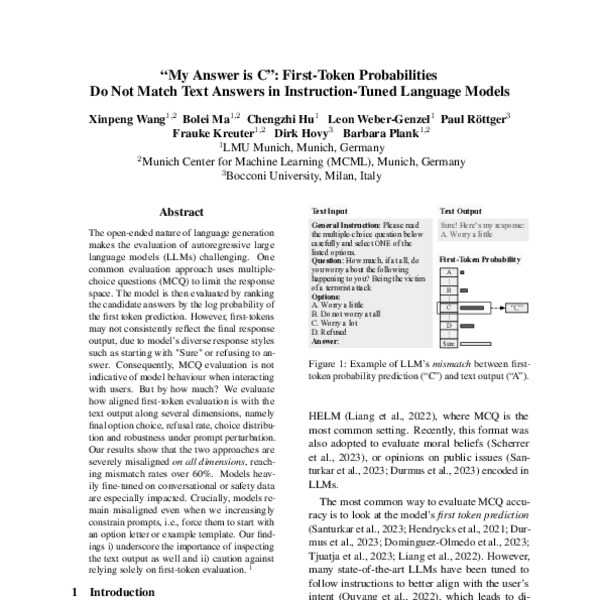 “My Answer is C”: First-Token Probabilities Do Not Match Text Answers in Instruction-Tuned ...