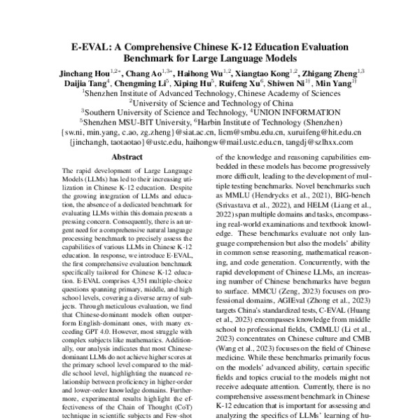 E-EVAL: A Comprehensive Chinese K-12 Education Evaluation Benchmark for Large Language Models ...