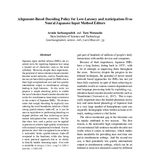 Alignment-Based Decoding Policy for Low-Latency and Anticipation-Free Neural Japanese Input ...
