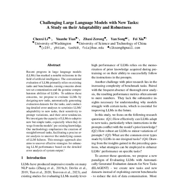 Challenging Large Language Models with New Tasks: A Study on their Adaptability and Robustness ...