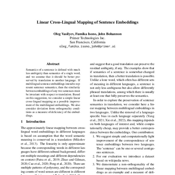 Linear Cross-Lingual Mapping of Sentence Embeddings - ACL Anthology