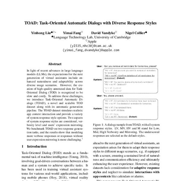 TOAD: Task-Oriented Automatic Dialogs with Diverse Response Styles - ACL Anthology