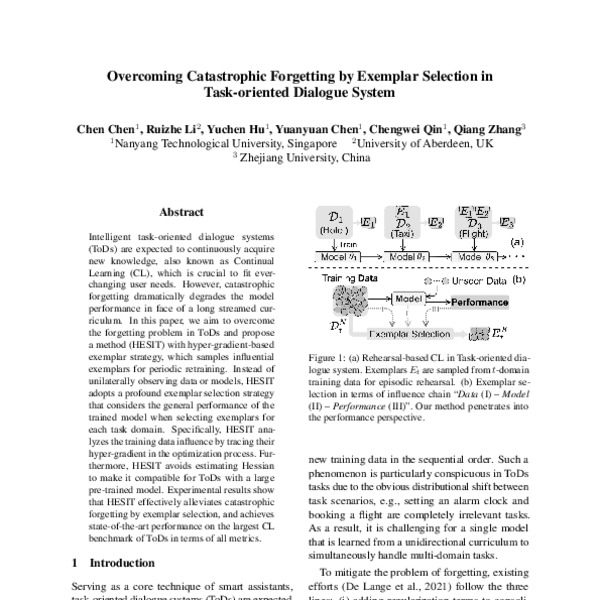Overcoming Catastrophic Forgetting By Exemplar Selection In Task Oriented Dialogue System Acl