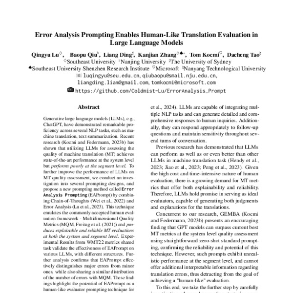 Error Analysis Prompting Enables Human-Like Translation Evaluation in Large Language Models ...