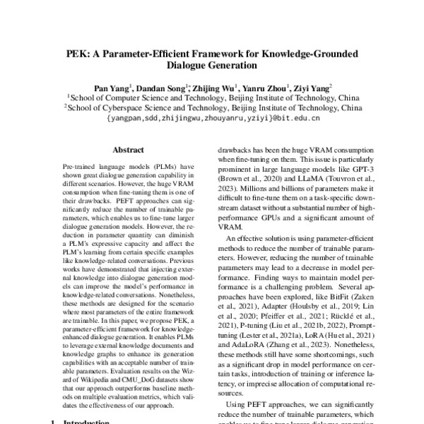 Pek A Parameter Efficient Framework For Knowledge Grounded Dialogue Generation Acl Anthology