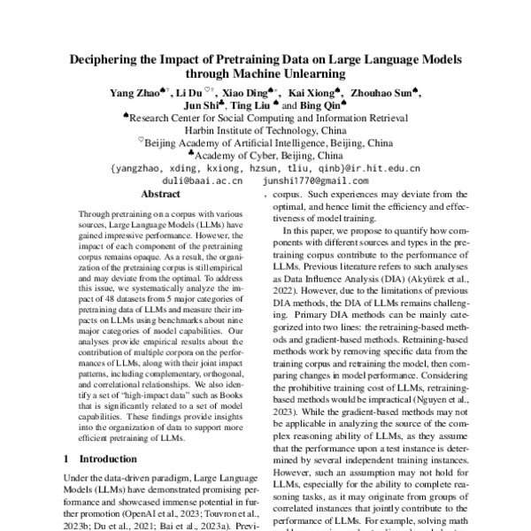 Deciphering the Impact of Pretraining Data on Large Language Models through Machine Unlearning ...