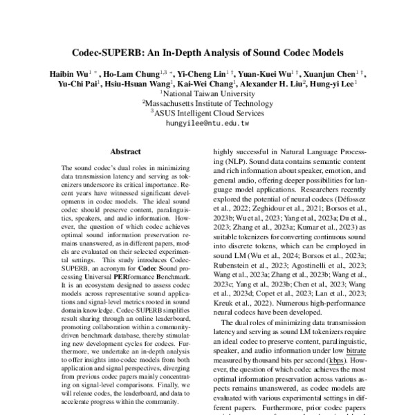 Codec-SUPERB: An In-Depth Analysis of Sound Codec Models - ACL Anthology