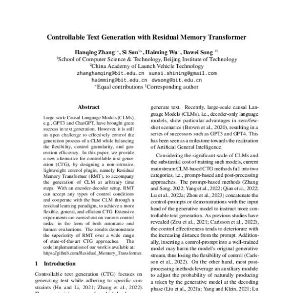 Controllable Text Generation With Residual Memory Transformer Acl Anthology