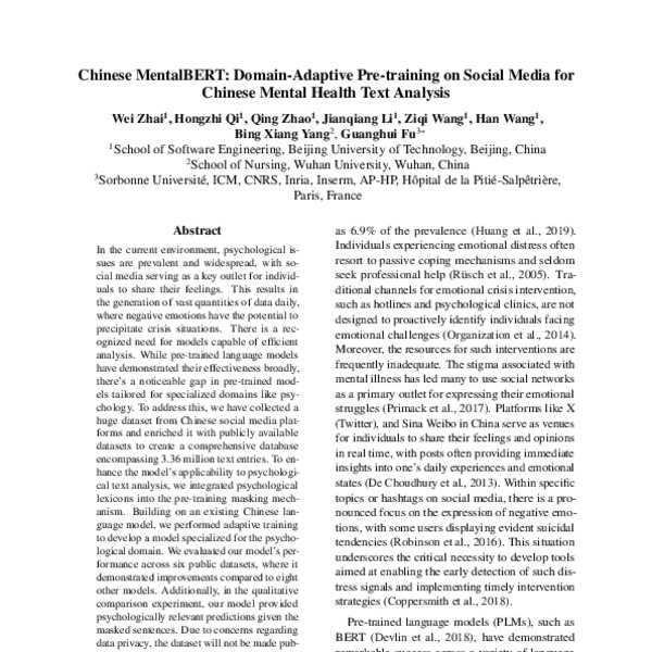 Chinese MentalBERT: Domain-Adaptive Pre-training on Social Media for ...