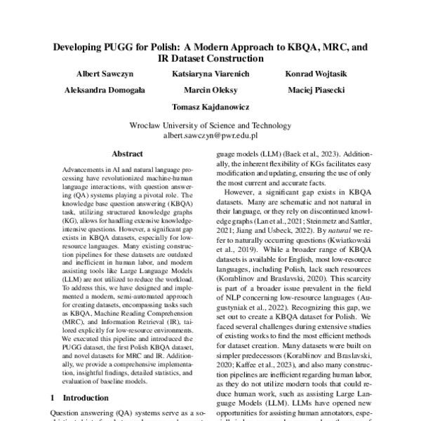Developing PUGG for Polish: A Modern Approach to KBQA, MRC, and IR Dataset Construction - ACL ...