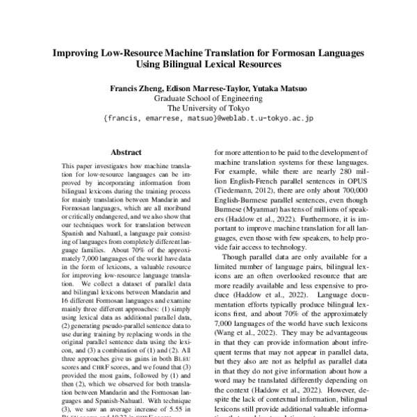 Improving Low-Resource Machine Translation for Formosan Languages Using Bilingual Lexical ...