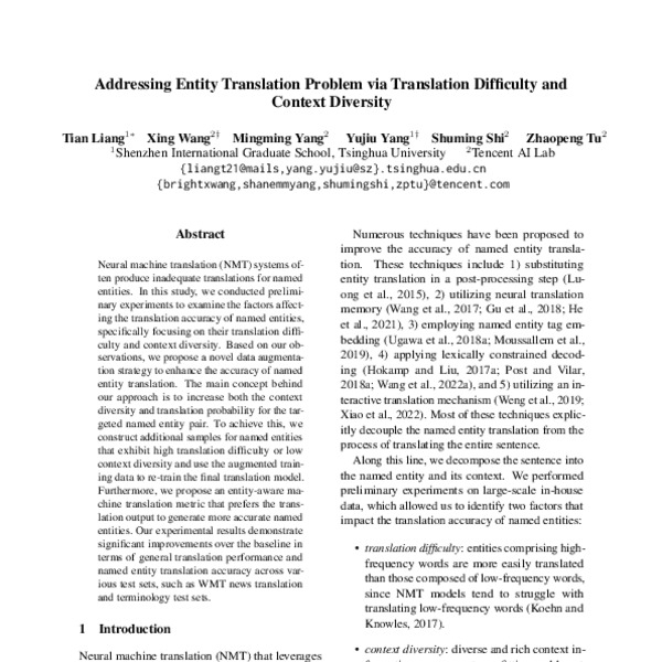 Addressing Entity Translation Problem via Translation Difficulty and ...
