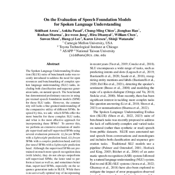 On the Evaluation of Speech Foundation Models for Spoken Language Understanding - ACL Anthology
