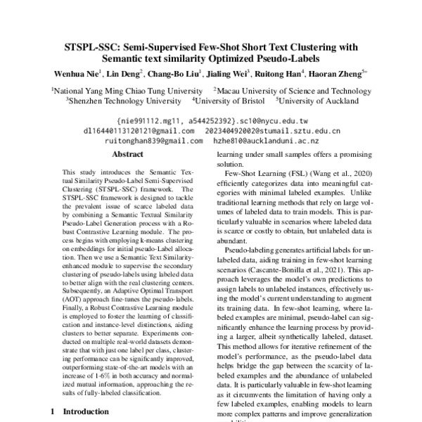 STSPL-SSC: Semi-Supervised Few-Shot Short Text Clustering with Semantic text similarity ...