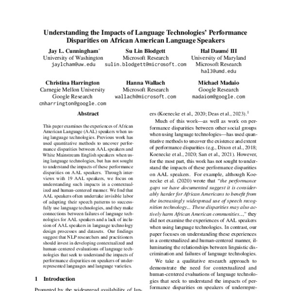 Understanding the Impacts of Language Technologies’ Performance Disparities on African American ...