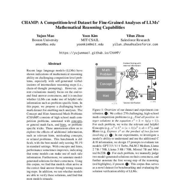 CHAMP: A Competition-level Dataset for Fine-Grained Analyses of LLMs’ Mathematical Reasoning ...