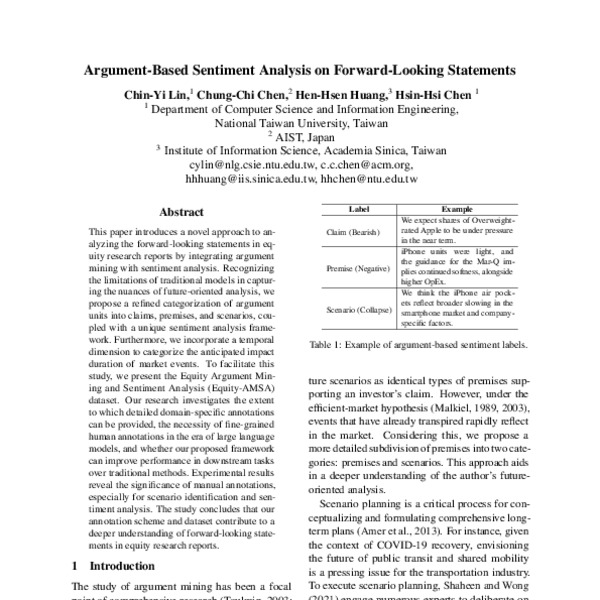 Argument Based Sentiment Analysis On Forward Looking Statements Acl Anthology