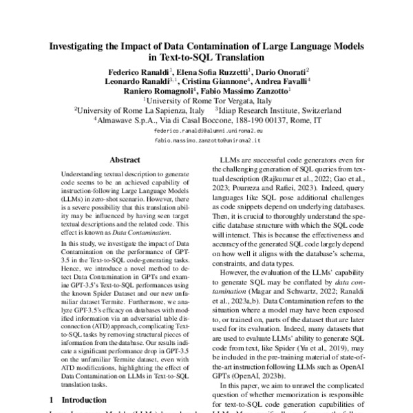 Investigating the Impact of Data Contamination of Large Language Models in Text-to-SQL ...