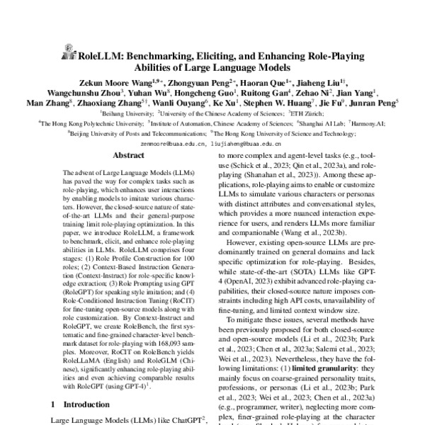 RoleLLM: Benchmarking, Eliciting, and Enhancing Role-Playing Abilities of Large Language Models ...