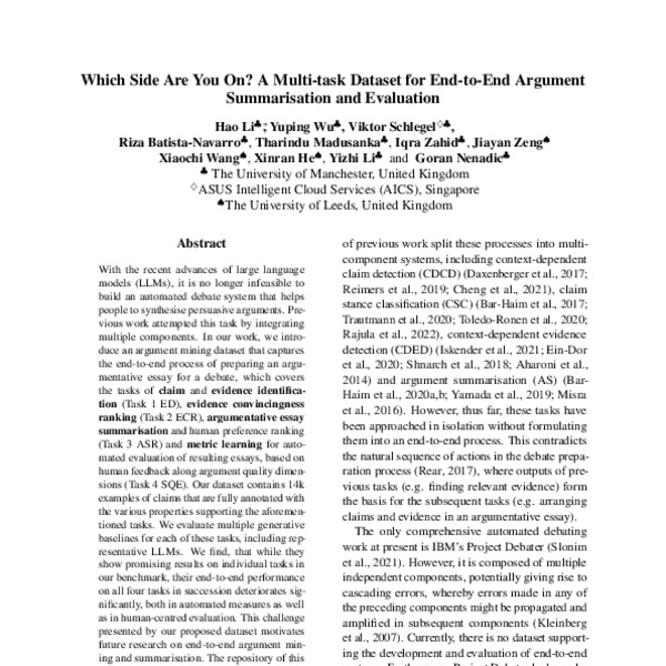 Which Side Are You On A Multi Task Dataset For End To End Argument Summarisation And Evaluation