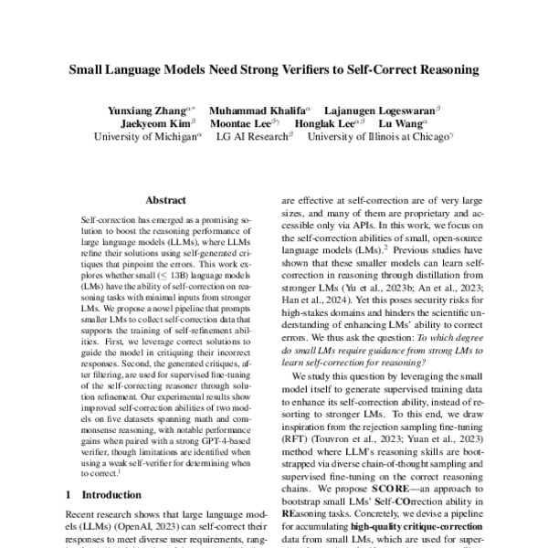 Small Language Models Need Strong Verifiers to Self-Correct Reasoning ...