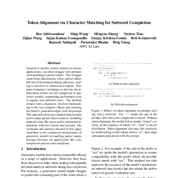 Token Alignment via Character Matching for Subword Completion - ACL Anthology