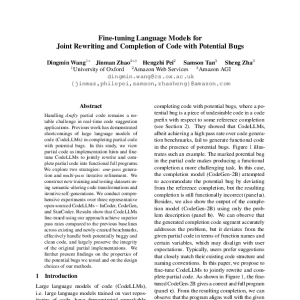 Fine Tuning Language Models For Joint Rewriting And Completion Of Code With Potential Bugs Acl