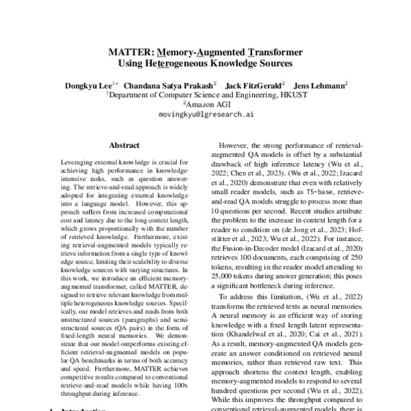 MATTER: Memory-Augmented Transformer Using Heterogeneous Knowledge Sources - ACL Anthology